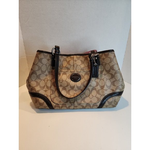 Coach | Bags | Coach Peyton F8923 Brown Canvas Dark Brown Patent ...